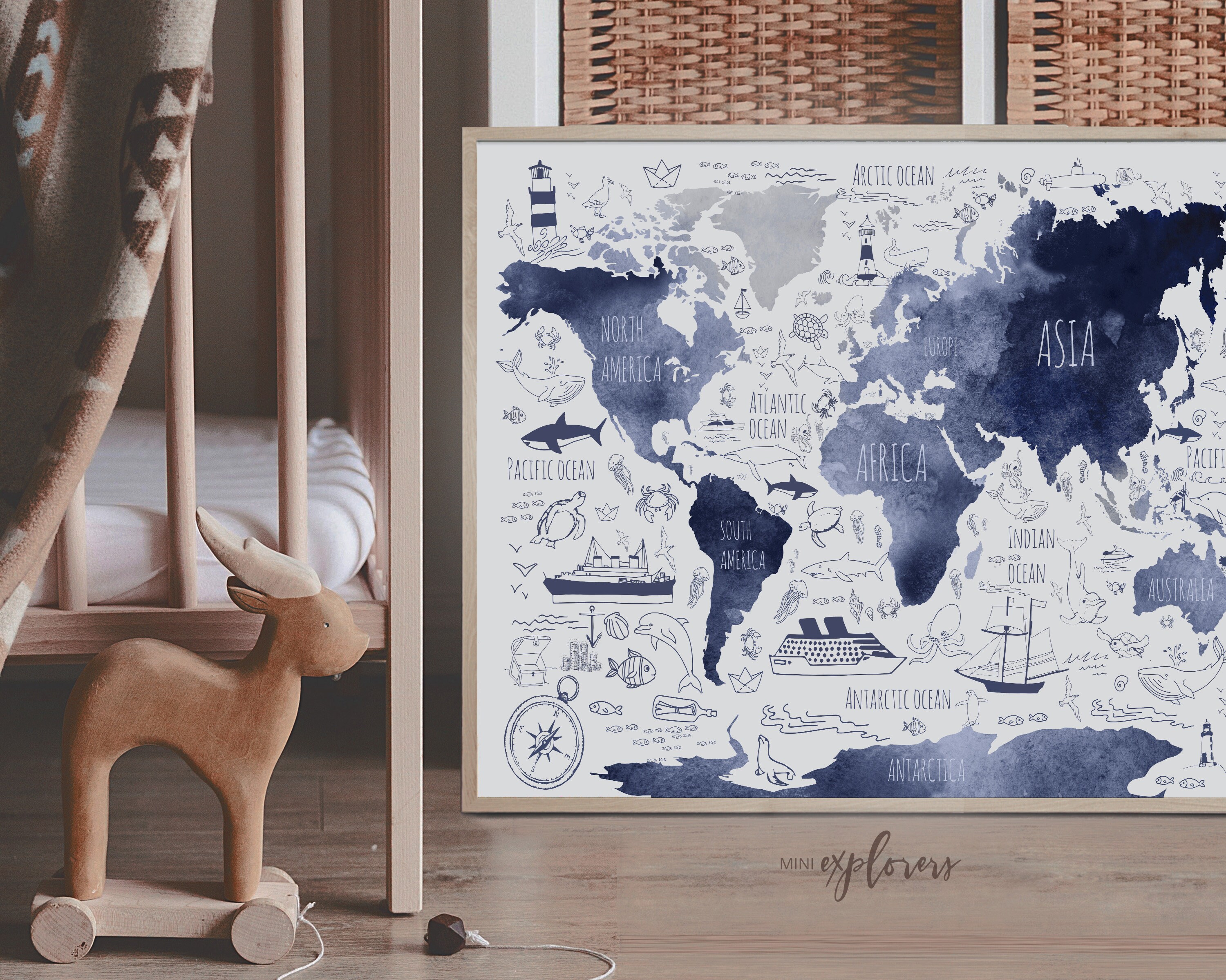 Navy Blue Map for Kids Nautical Nursery Art Printable World | Etsy UK