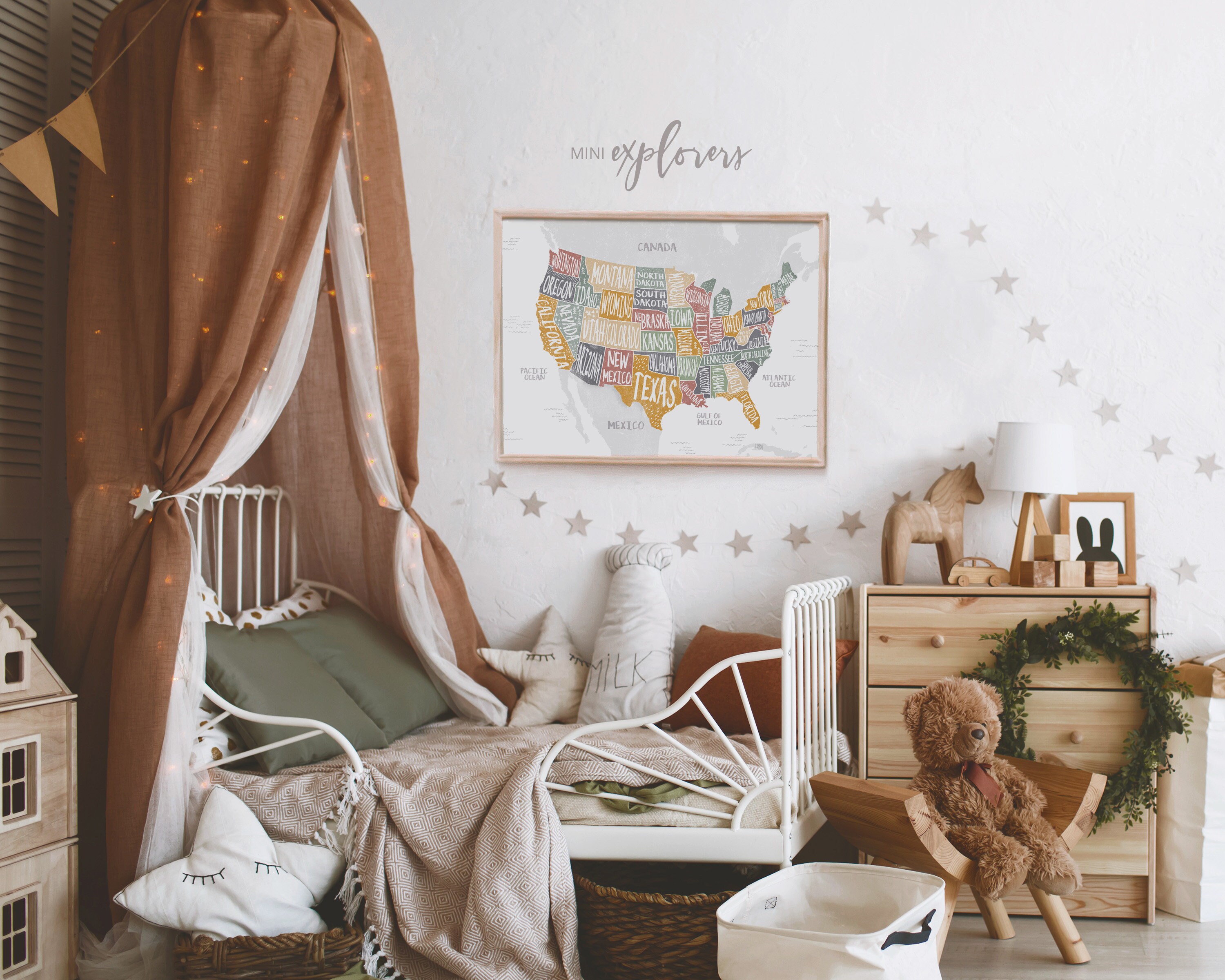 USA Map for Kids, Unites States Poster, Illustrated Map Print, Gender ...