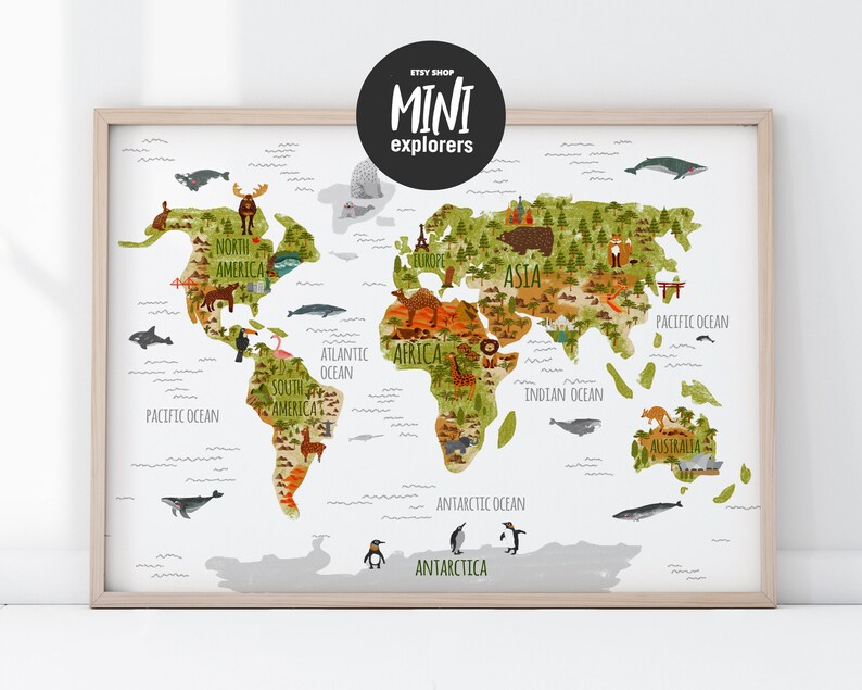 Printable world map Woodland theme nursery print World map | Etsy