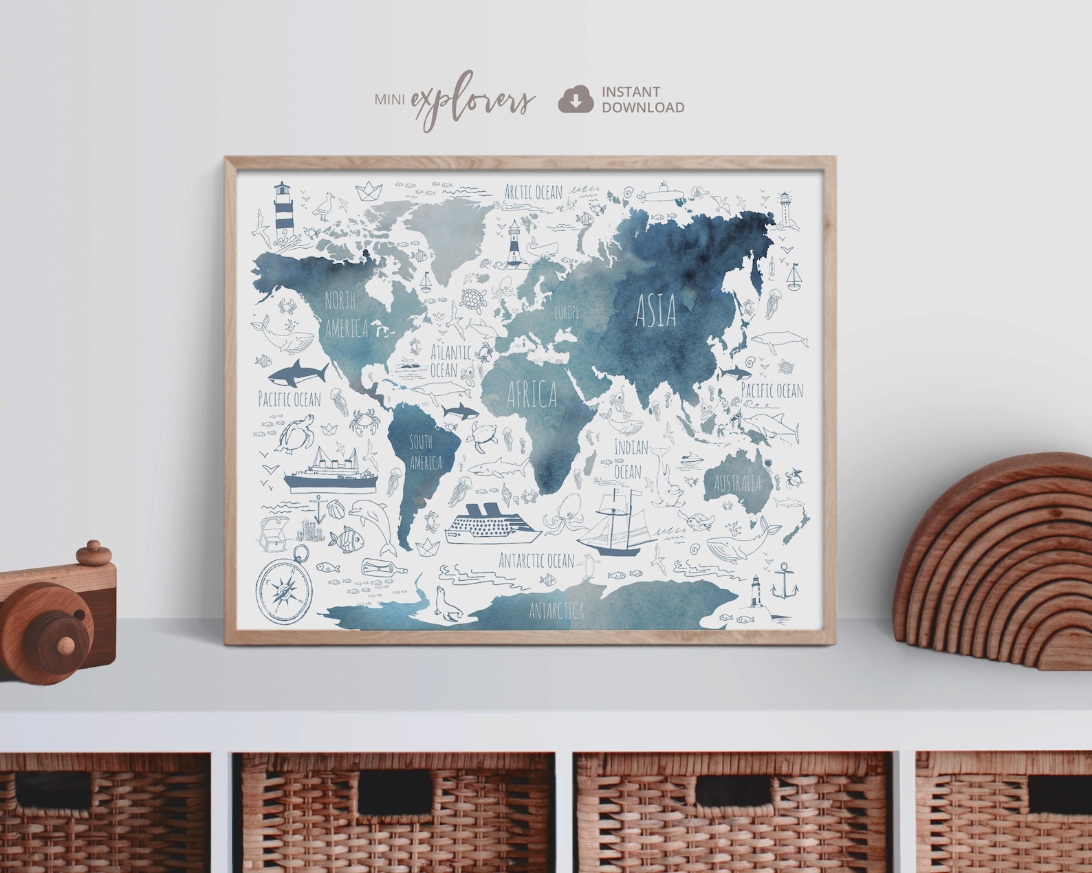 Watercolor World Map Print, Nautical Nursery Art, Kids Room Printable ...