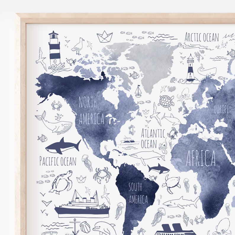 Navy Blue Map for Kids Nautical Nursery Art Printable World - Etsy