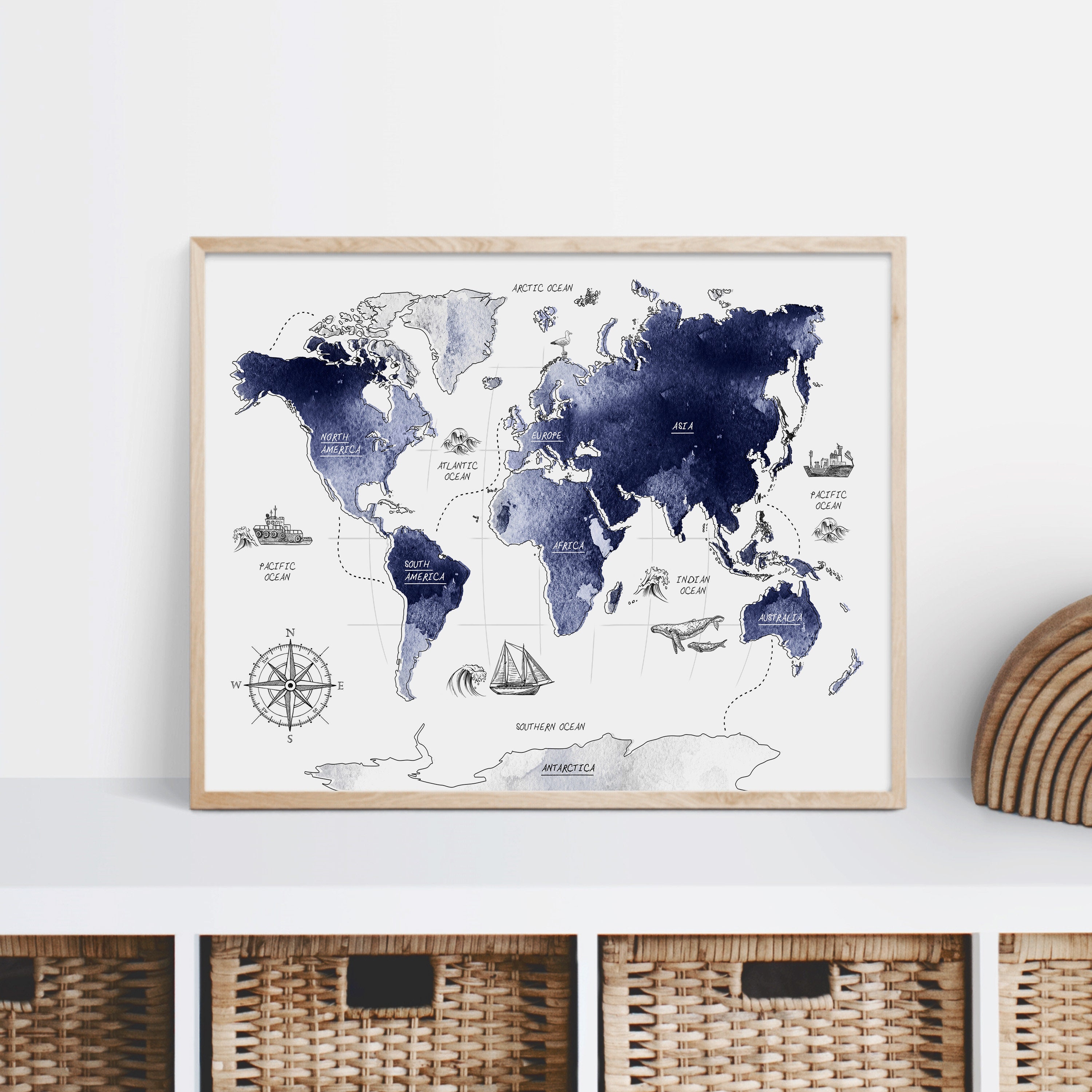 Navy Blue Map for Kids Nautical Nursery Art Printable World - Etsy
