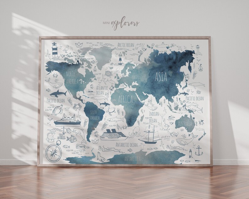Watercolor World Map Print, Nautical Nursery Art, Kids Room Printable ...