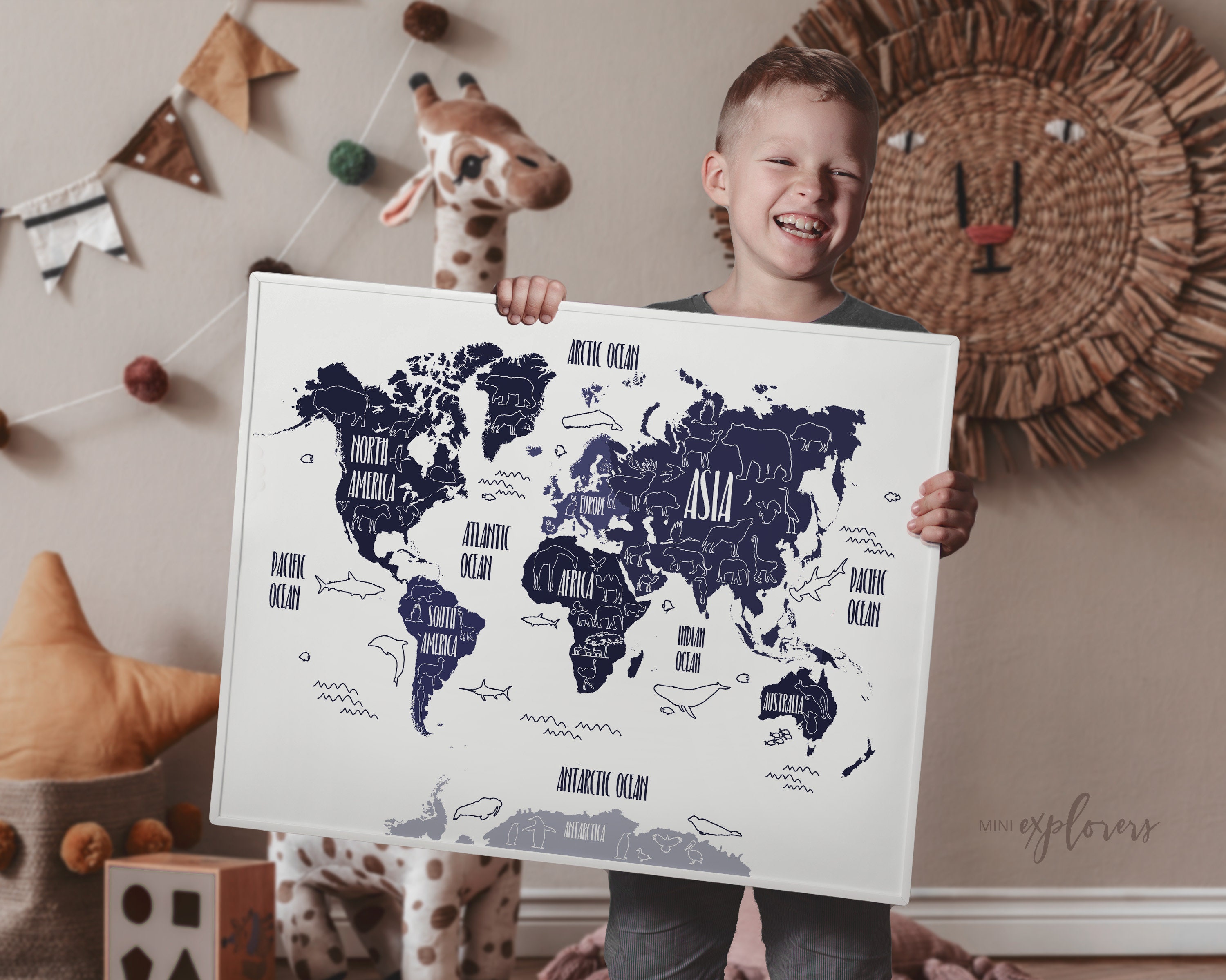 Navy Blue Kids Map Animal Map Nursery World Map Poster - Etsy