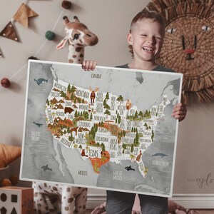 USA Map for Kids, Unites States Poster, Illustrated Map Print, Gender ...