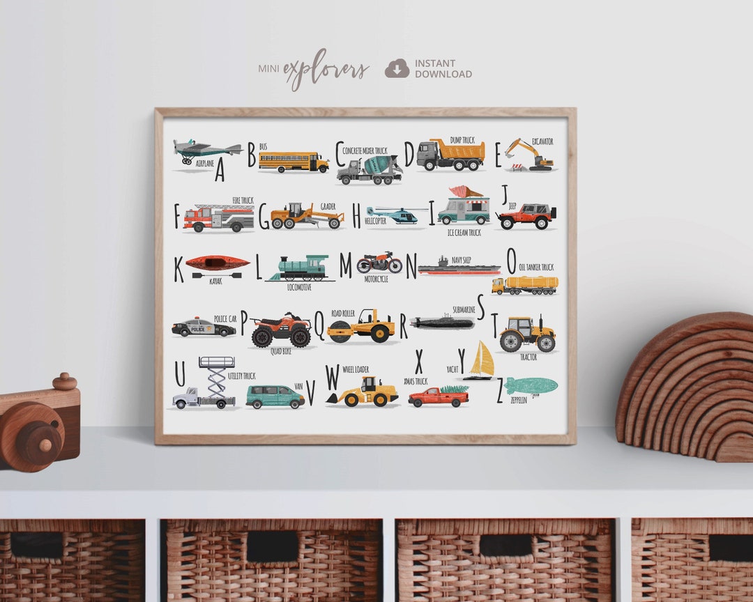 Car Alphabet Poster, Transportation Print, Vehicle Wall Art, Boy Room ...