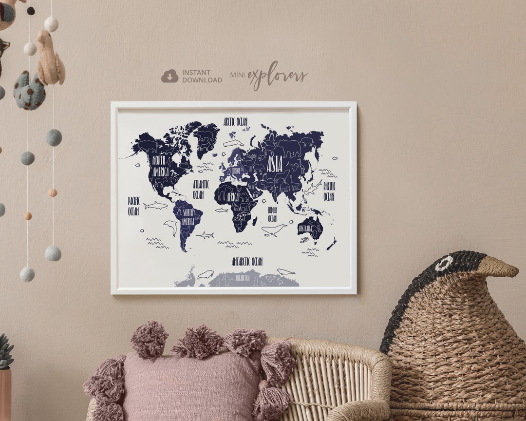 Navy Blue Kids Map, Animal Map Nursery, World Map Poster, Printable ...