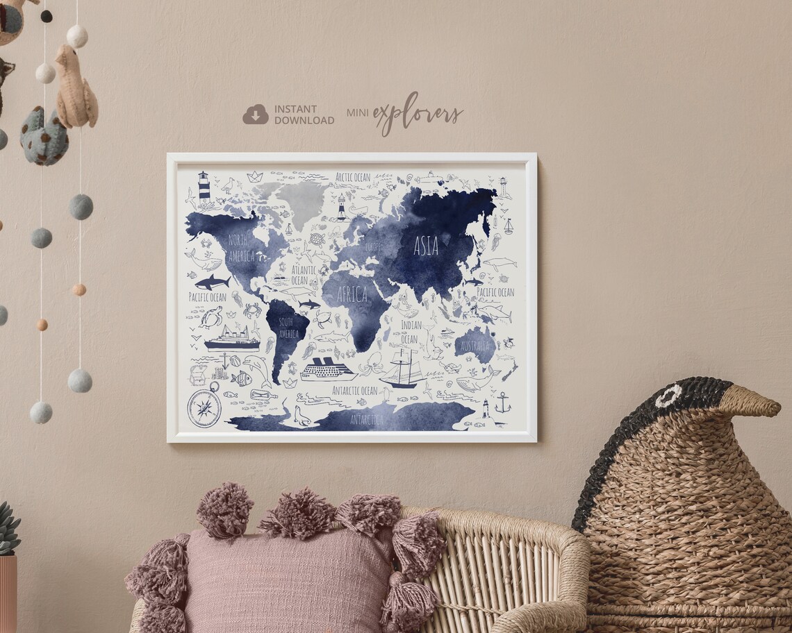 Navy Blue Map for Kids Nautical Nursery Art Printable World | Etsy UK