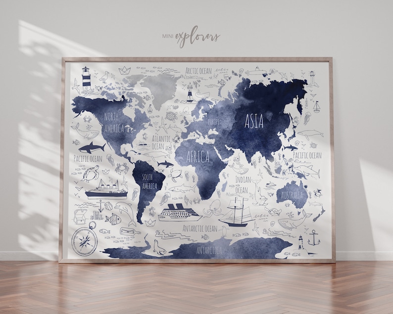 Navy Blue Map for Kids Nautical Nursery Art Printable World | Etsy UK