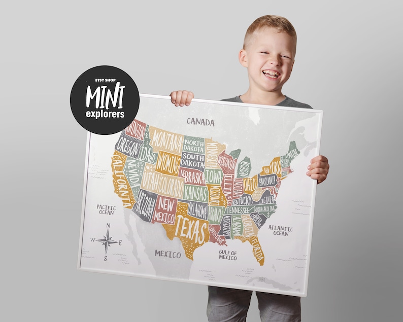 USA map for kids Unites States poster Illustrated map print | Etsy
