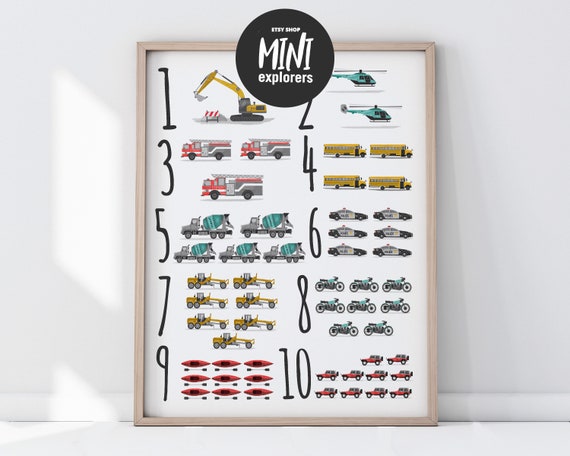 Learn numbers print Printable math vehicles Car poster | Etsy