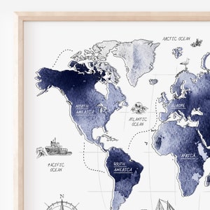 Navy Blue Map for Kids, Nautical Nursery Art, Printable World Map, Boys ...