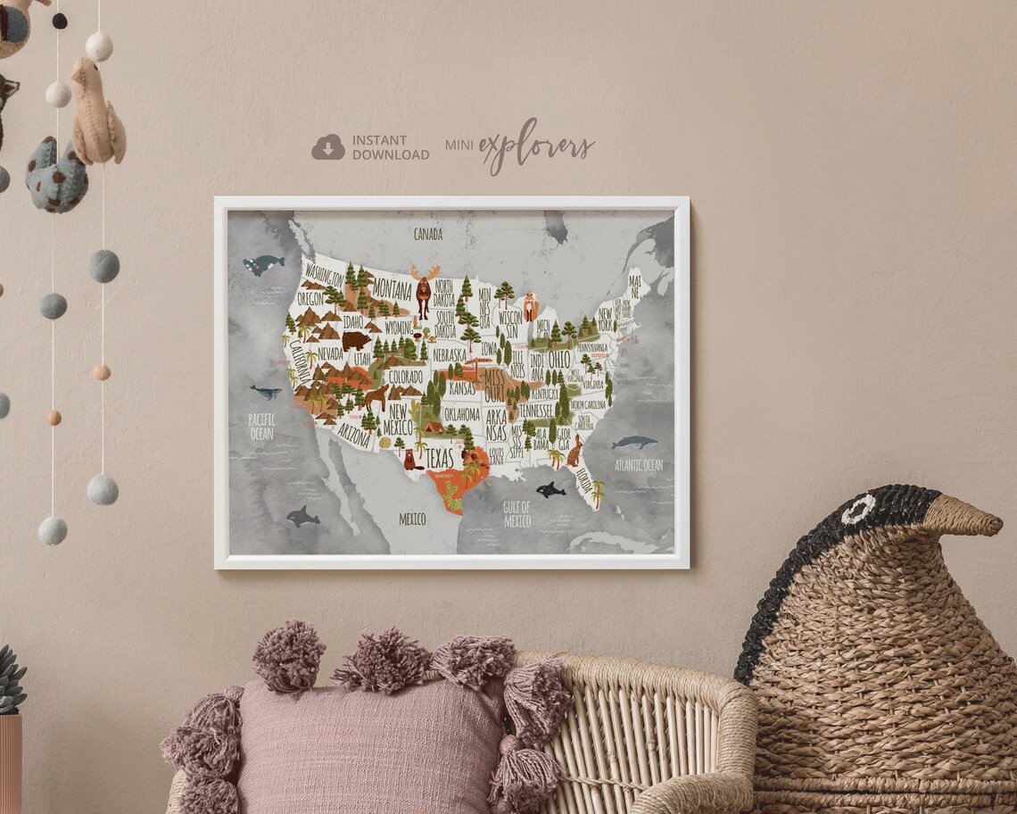 USA Map for Kids Unites States Poster Illustrated Map Print - Etsy