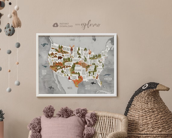 USA Map for Kids Unites States Poster Illustrated Map Print - Etsy