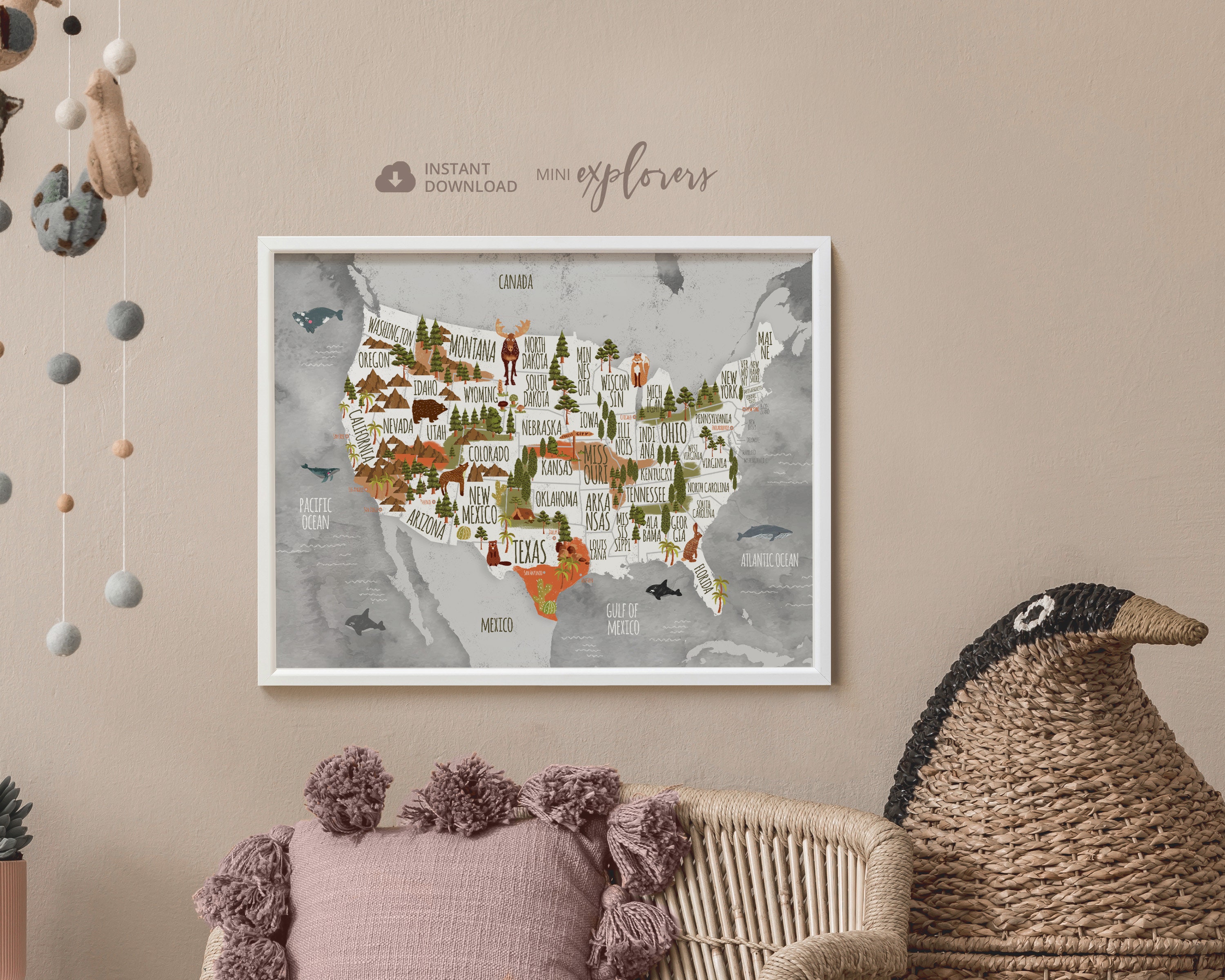 USA Map for Kids Unites States Poster Illustrated Map Print - Etsy