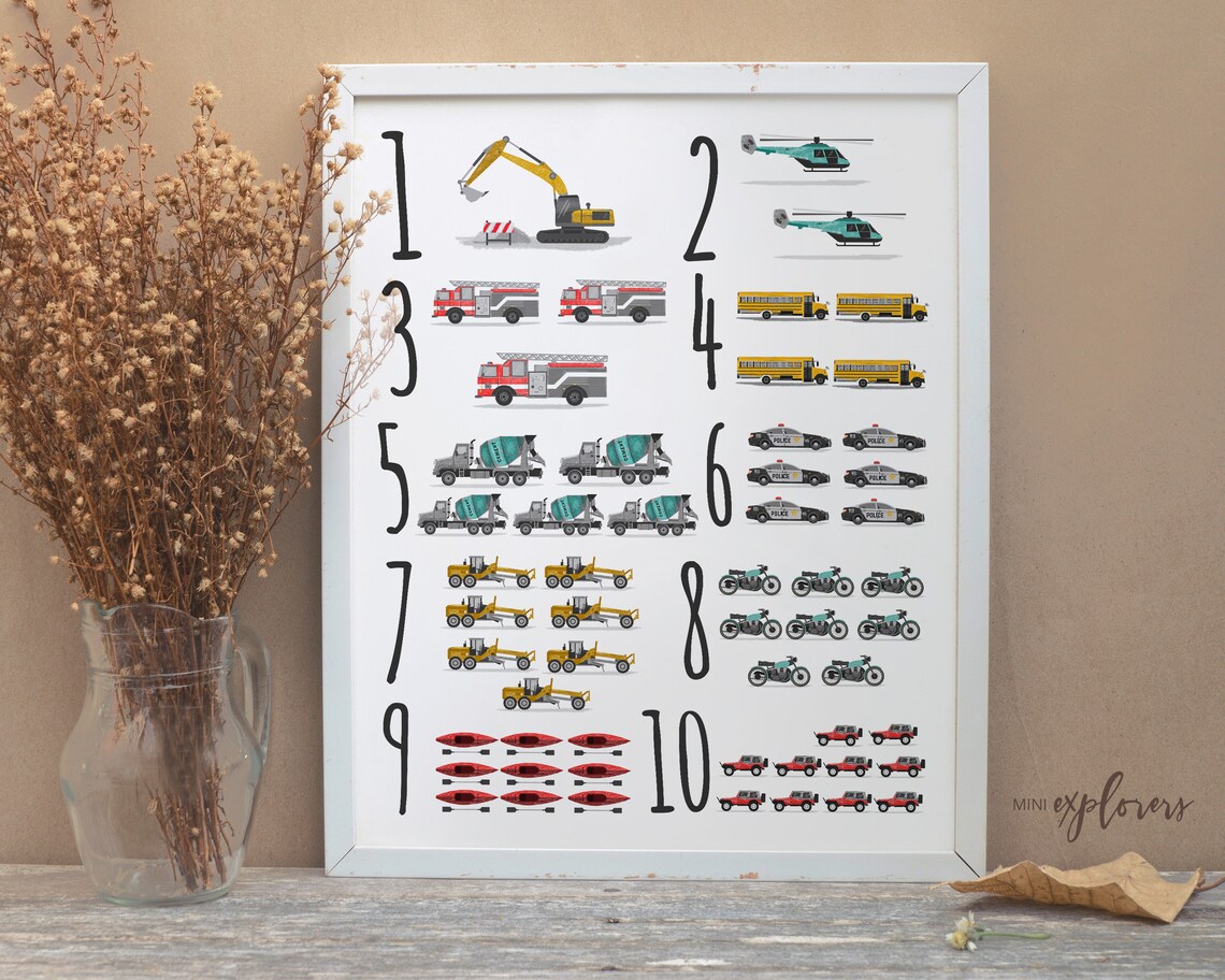 Learn Numbers Print Printable Math Vehicles Car Poster - Etsy