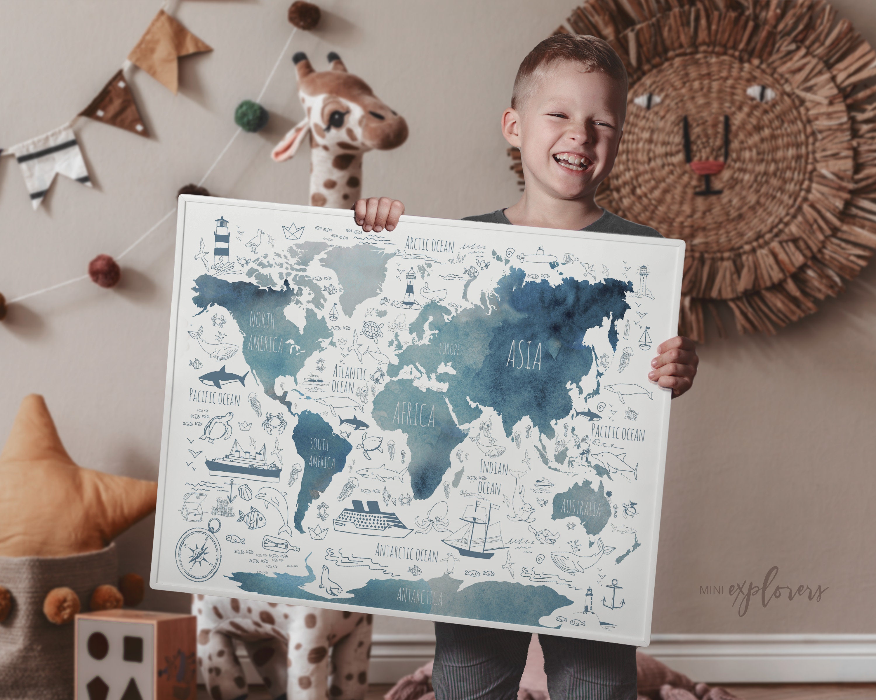 Watercolor World Map Print, Nautical Nursery Art, Kids Room Printable ...