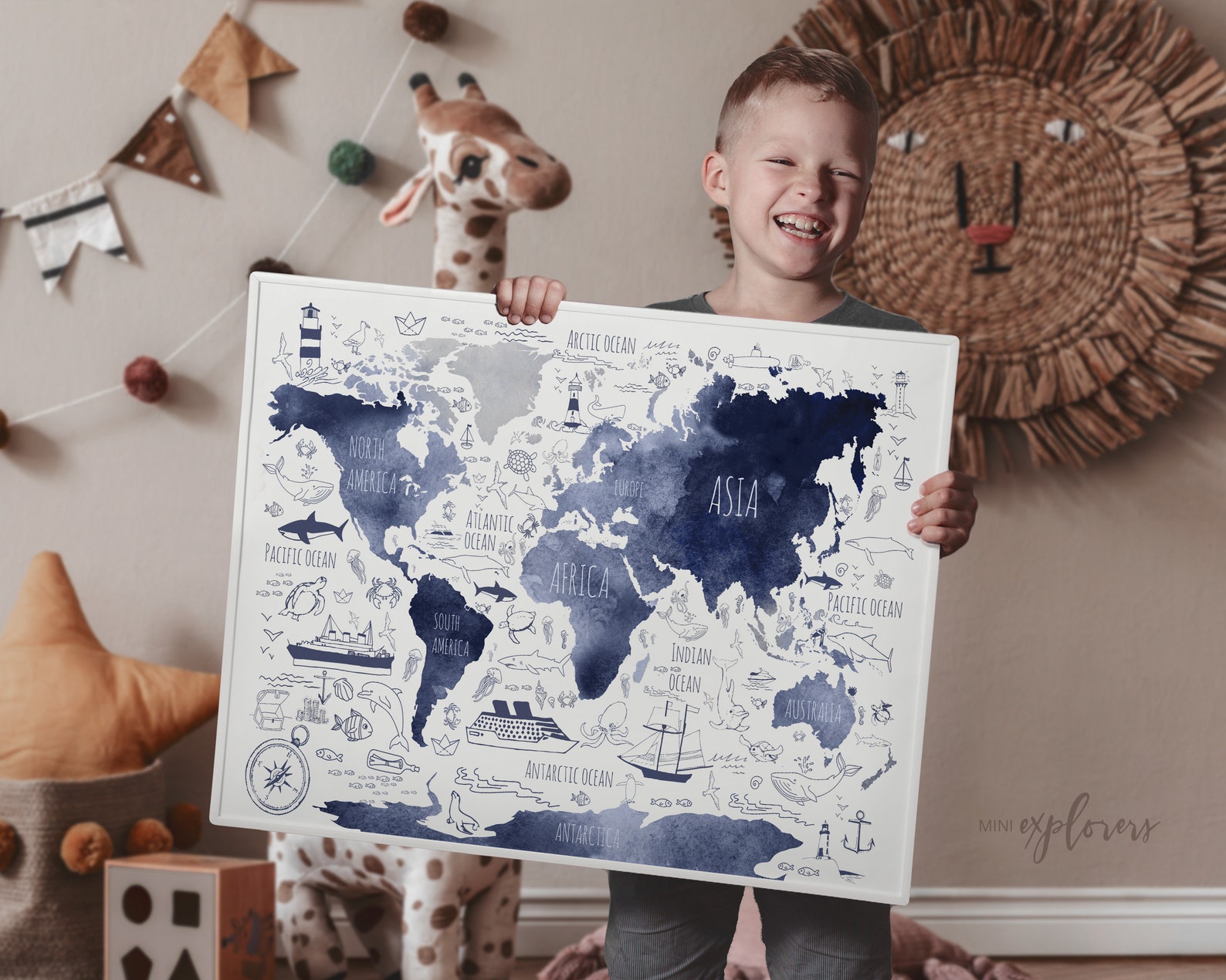 Navy Blue Map for Kids Nautical Nursery Art Printable World - Etsy ...