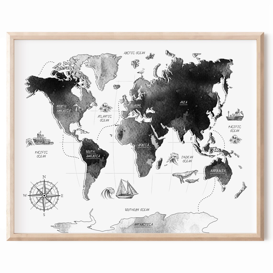 Monochrome World Map Nautical Nursery Art Black and White - Etsy