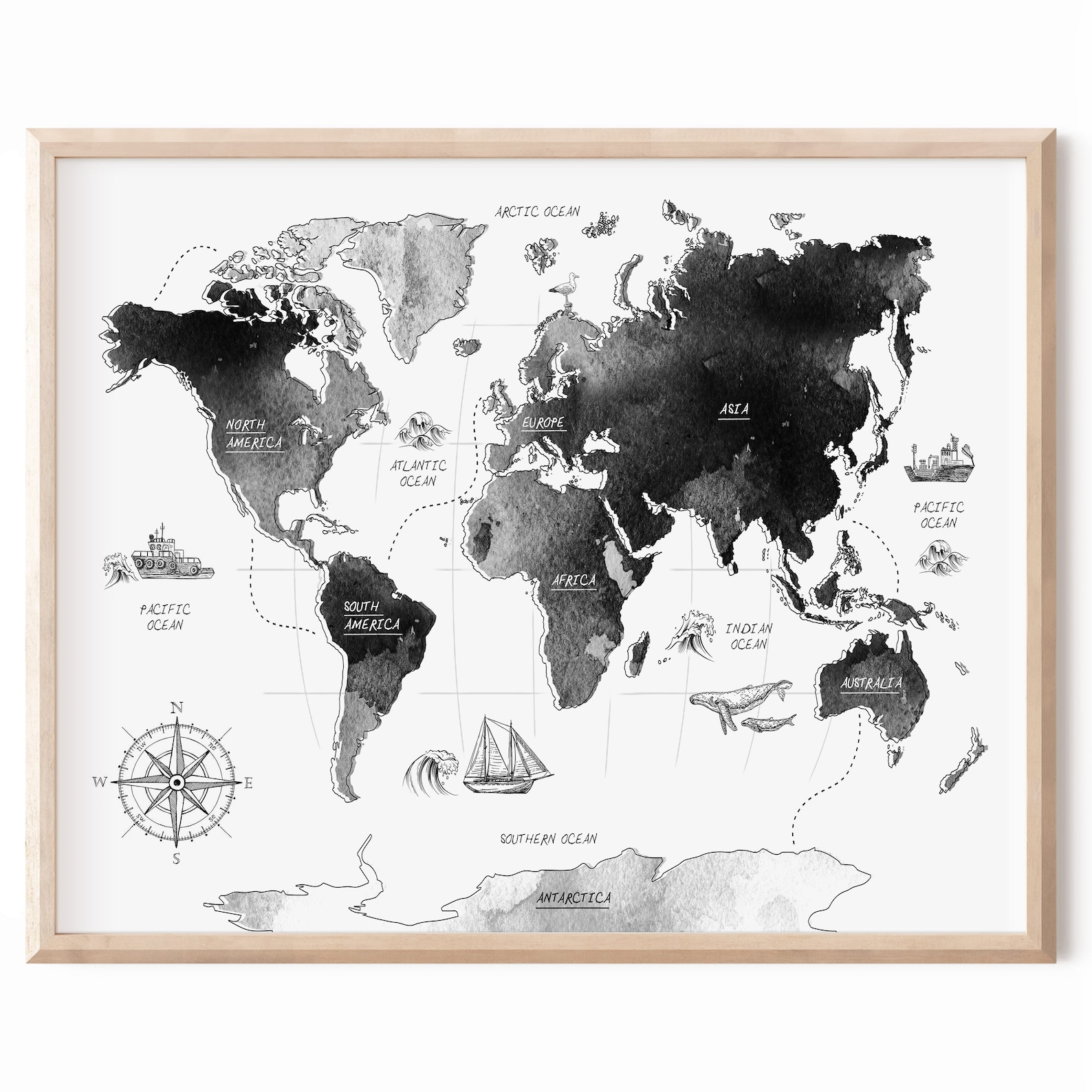 Monochrome World Map Nautical Nursery Art Black and White - Etsy