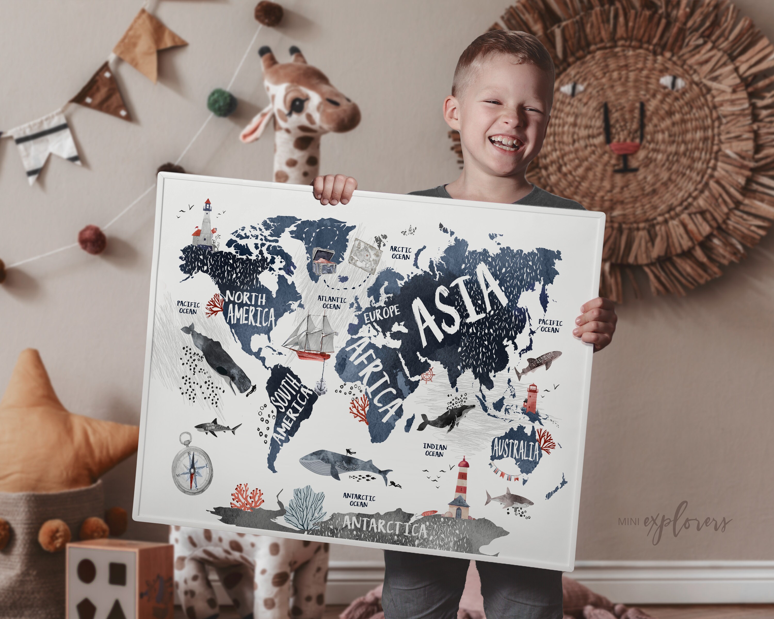 Nautical Nursery Art Navy Blue Map for Kids Printable World - Etsy