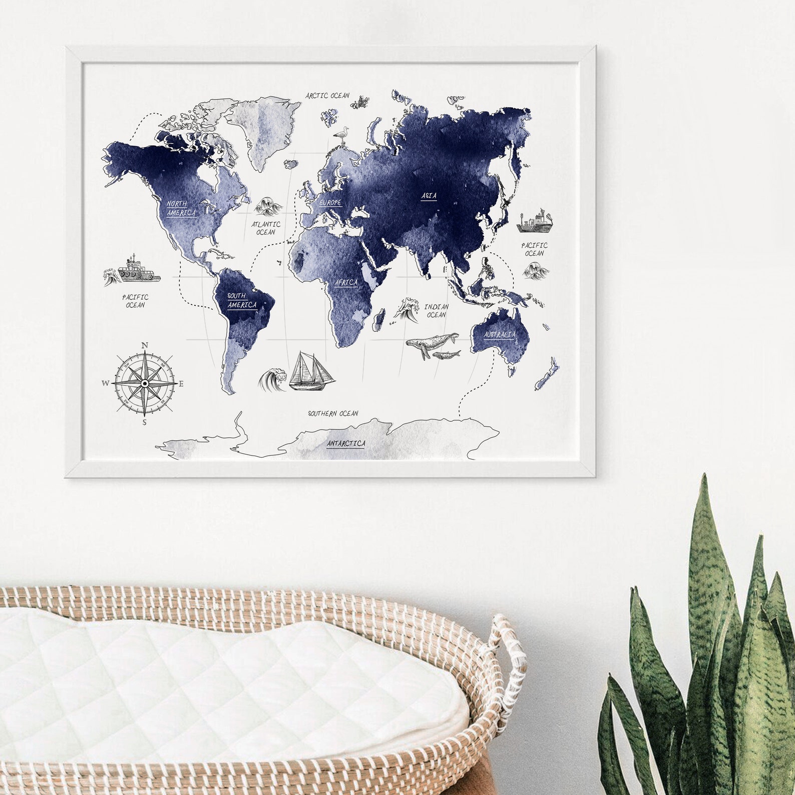 Navy Blue Map for Kids Nautical Nursery Art Printable World - Etsy