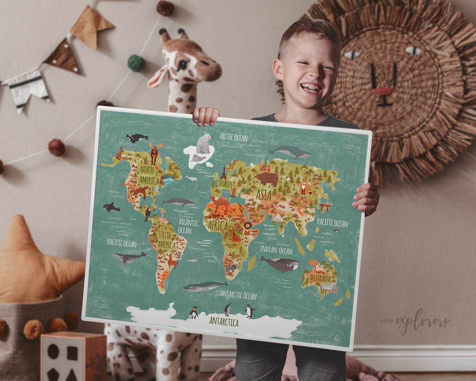 Kids World Map Print Printable Animal Map Adventure Nursery | Etsy