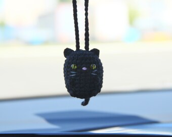 Cute Swinging Black Cat Car Mirror Hanging Accessories, Crochet Black ...