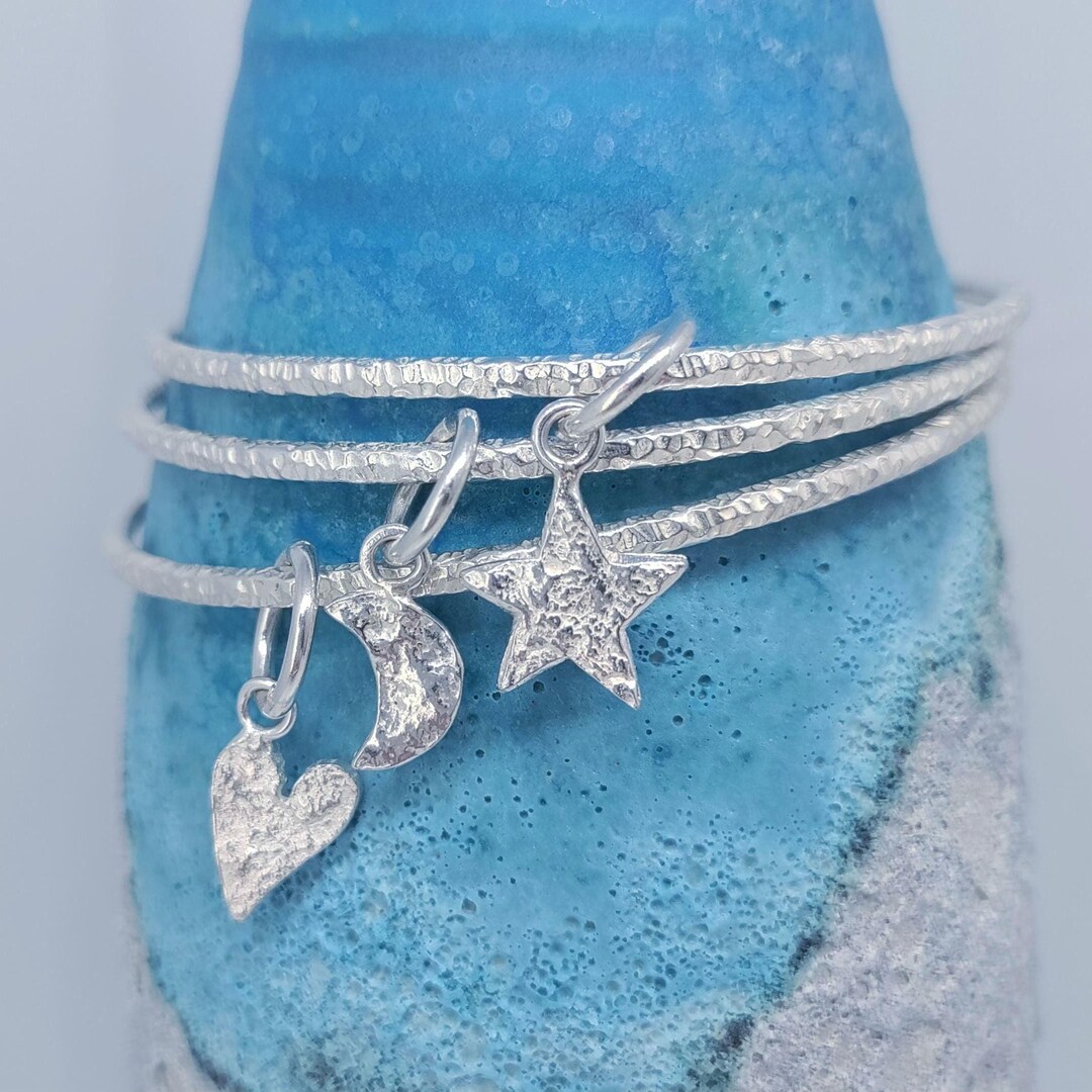 Love Heart, Star, Crescent Moon Bangles in Recycled Silver, Hammered ...