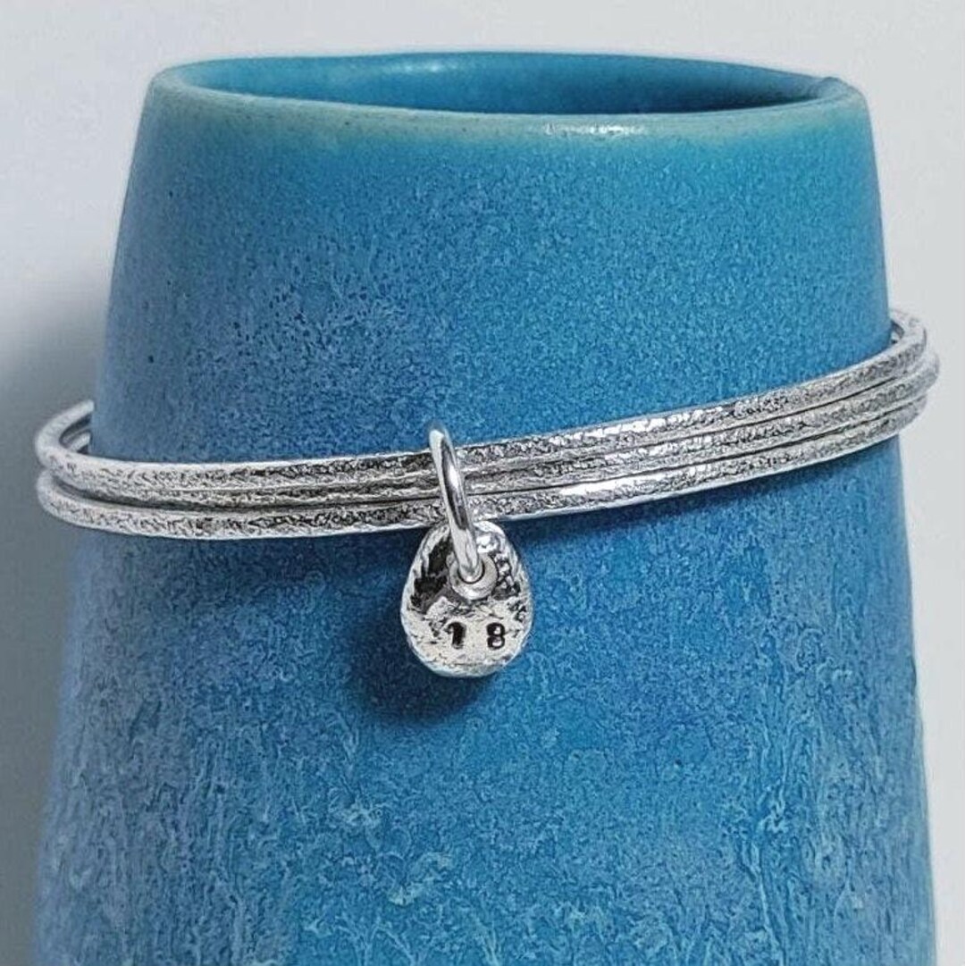 Personalized Recycled Silver Pebble Bangle, Customisable Milestone Gift ...