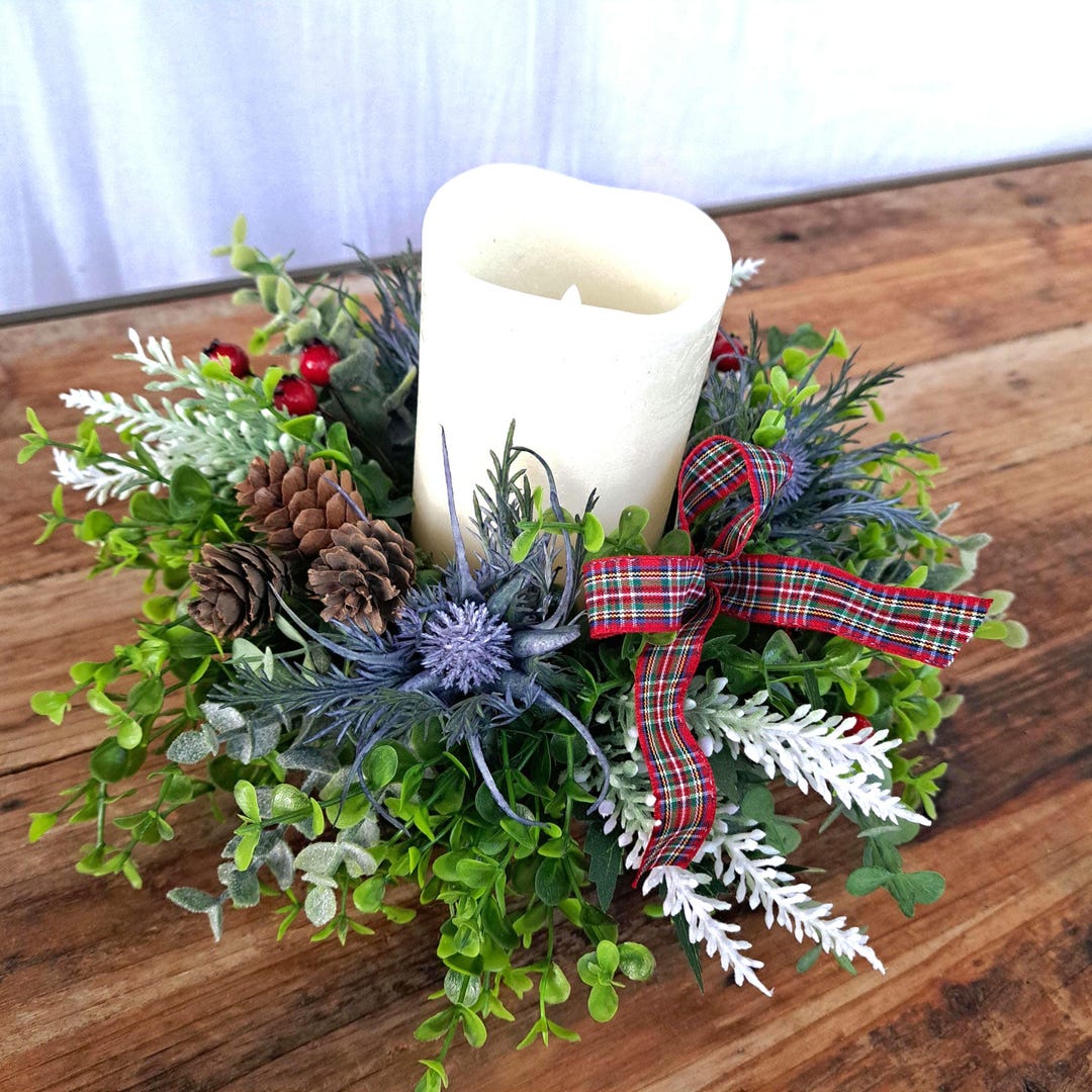 Scottish Thistle Candle Centerpiece: Tartan Bow Winter Table Decor - Etsy