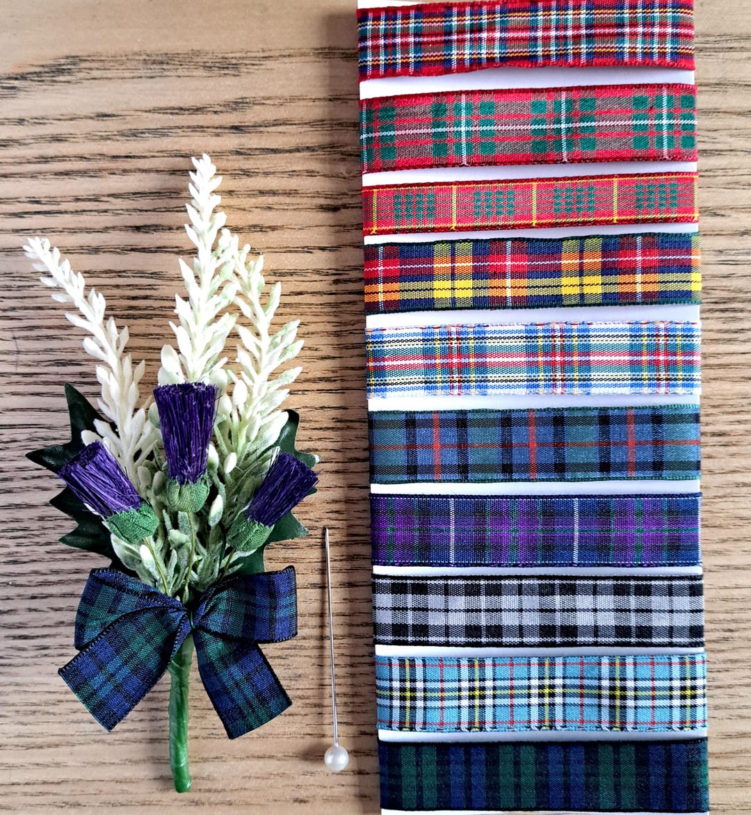 Scottish Thistle & Heather Artificial Buttonhole Choice of Tartan ...