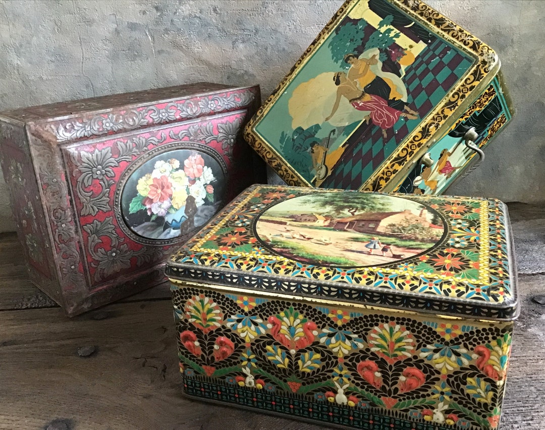 French Vintage Tole Box, 3 French Lithographed Boxes , French Vintage ...