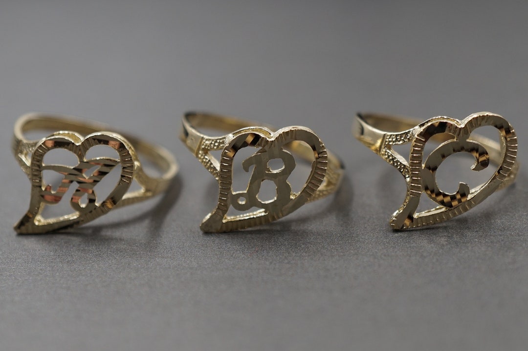 10K Yellow Gold Diamond Cut Heart Initial Ring - Etsy
