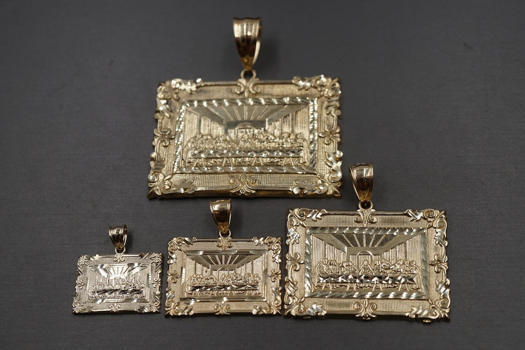 10K Yellow Gold Last Supper Charm Pendant - Diamond Cut Picture Frame ...