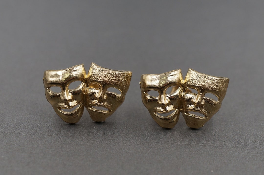 10K Yellow Gold Comedy Tragedy Mask Stud Earrings - Etsy