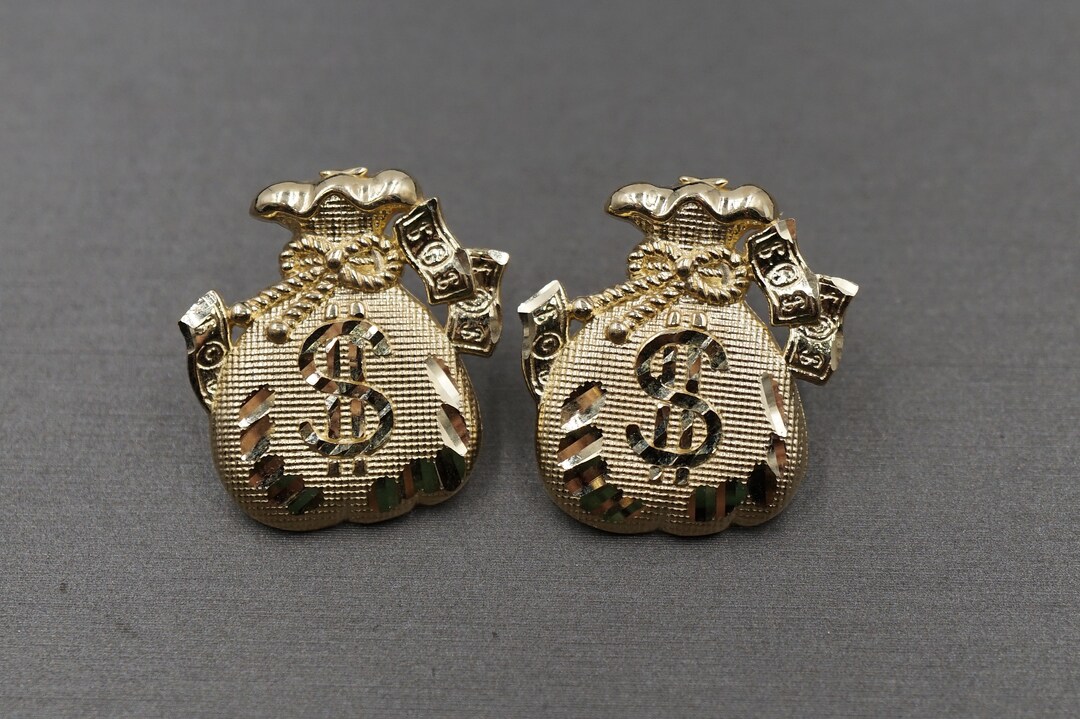 10K Yellow Gold Diamond Cut Money Bag Stud Earrings - Etsy