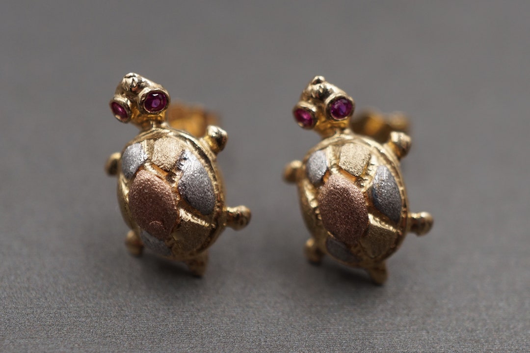 10K Solid Yellow Gold Tri Color Red Eyes Turtle Stud Earring. - Etsy