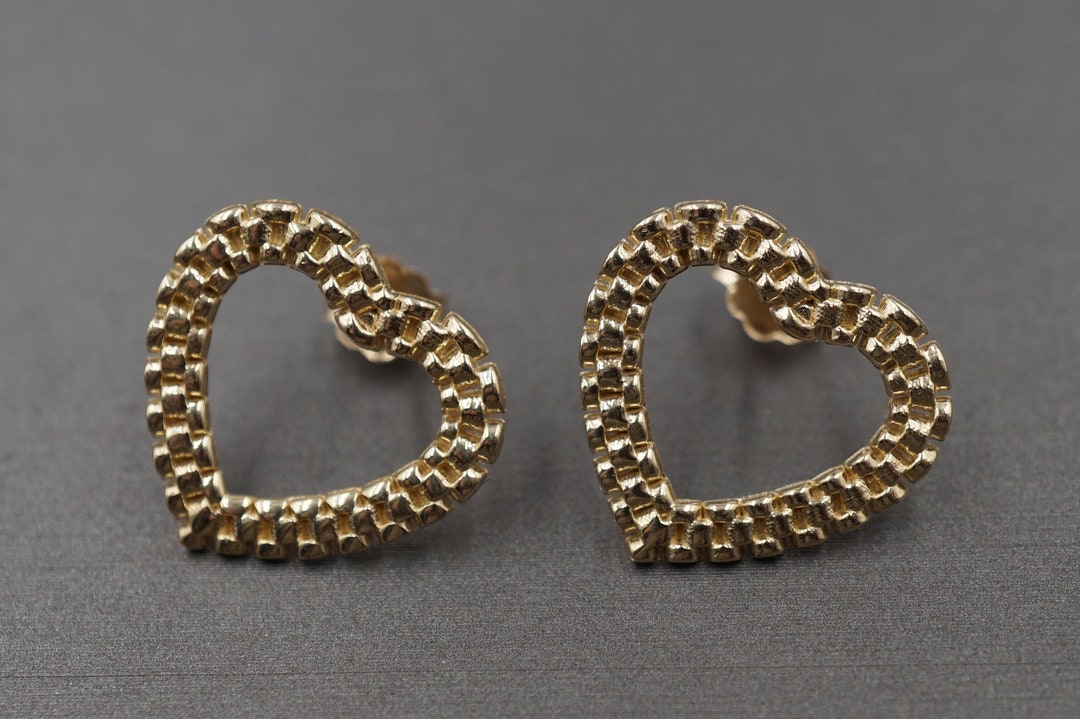 10K Solid Yellow Gold 0.8 Rolex Style Heart Stud Earring. - Etsy