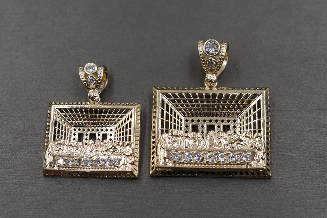 10K Solid Yellow Gold Square Last Supper CZ Charm Pendant. - Etsy