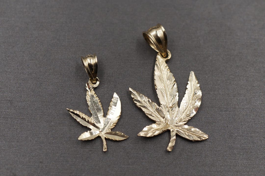 10K Solid Yellow Gold Diamond Cut Shine Marijuana Leaf Charm Pendant. 1 ...