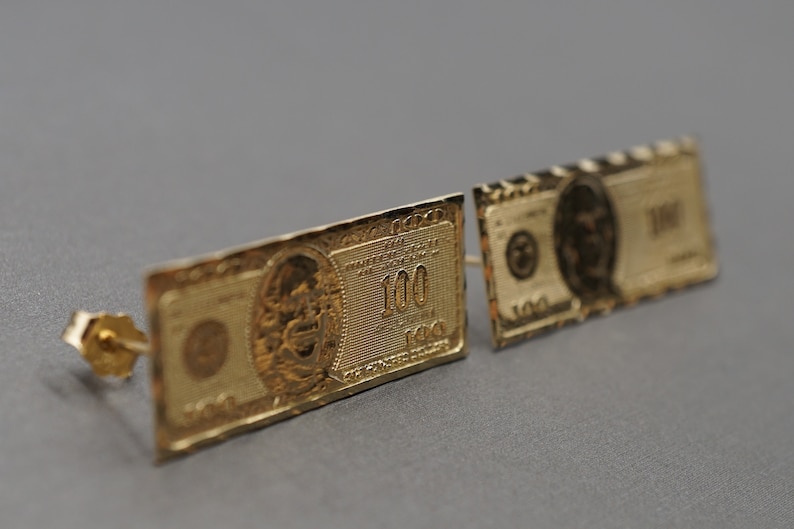 10K Yellow Gold Hundred Dollar Bill Stud Earrings - Etsy