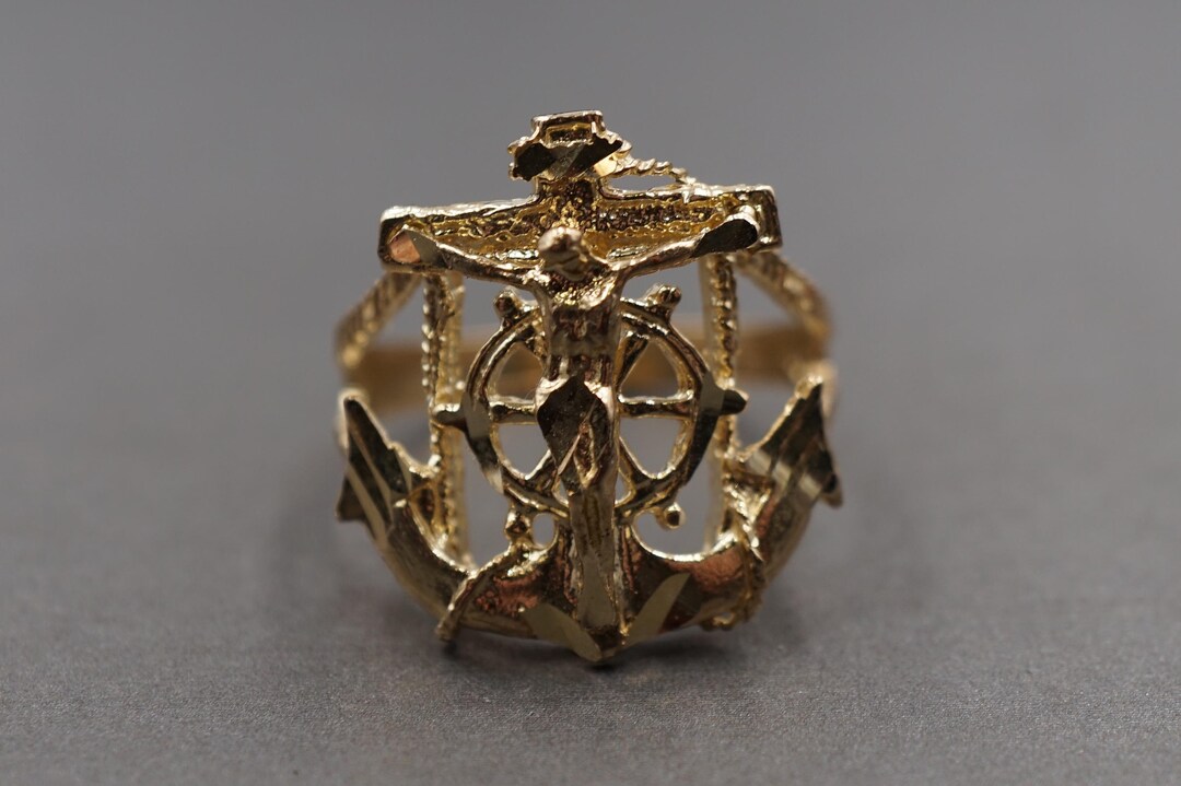 10K Solid Yellow Gold 0.85" Diamond Cut Jesus Anchor Band Ring. - Etsy