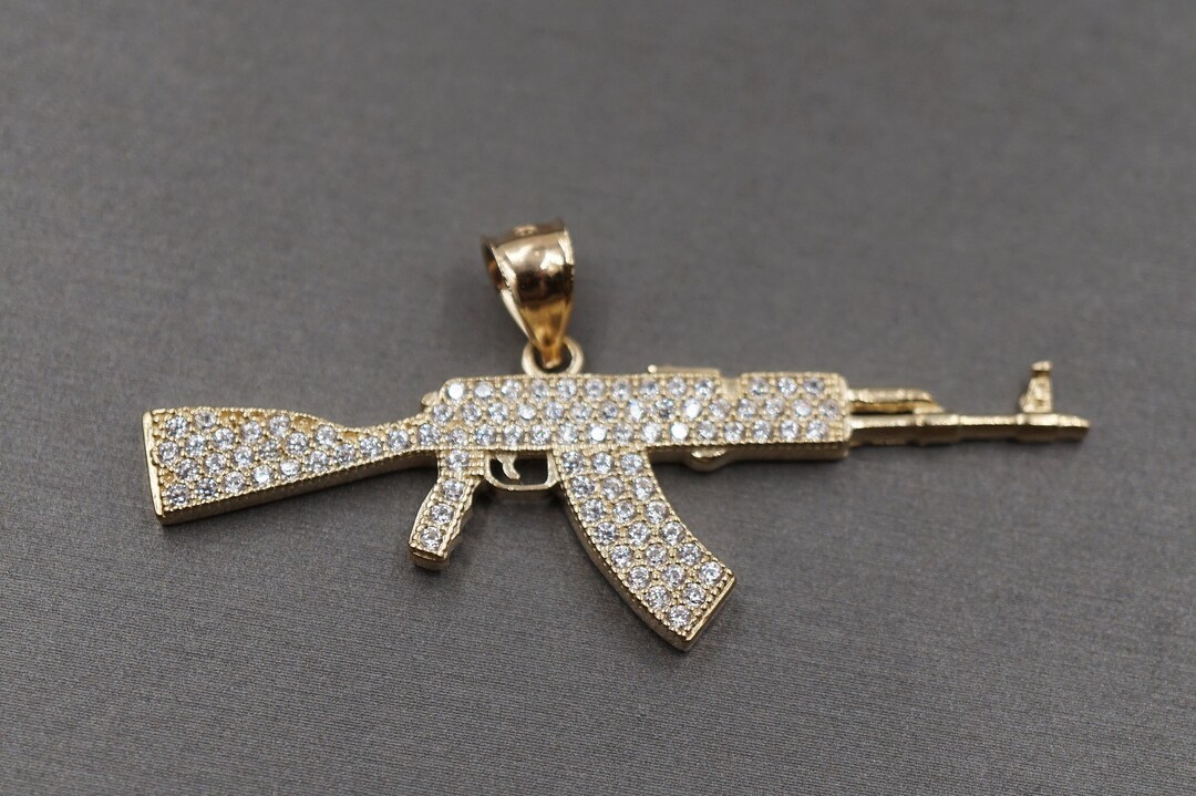 10K Solid Yellow Gold AK-47 Gun Riffle Iced CZ Charm Pendant. 3 Sizes ...