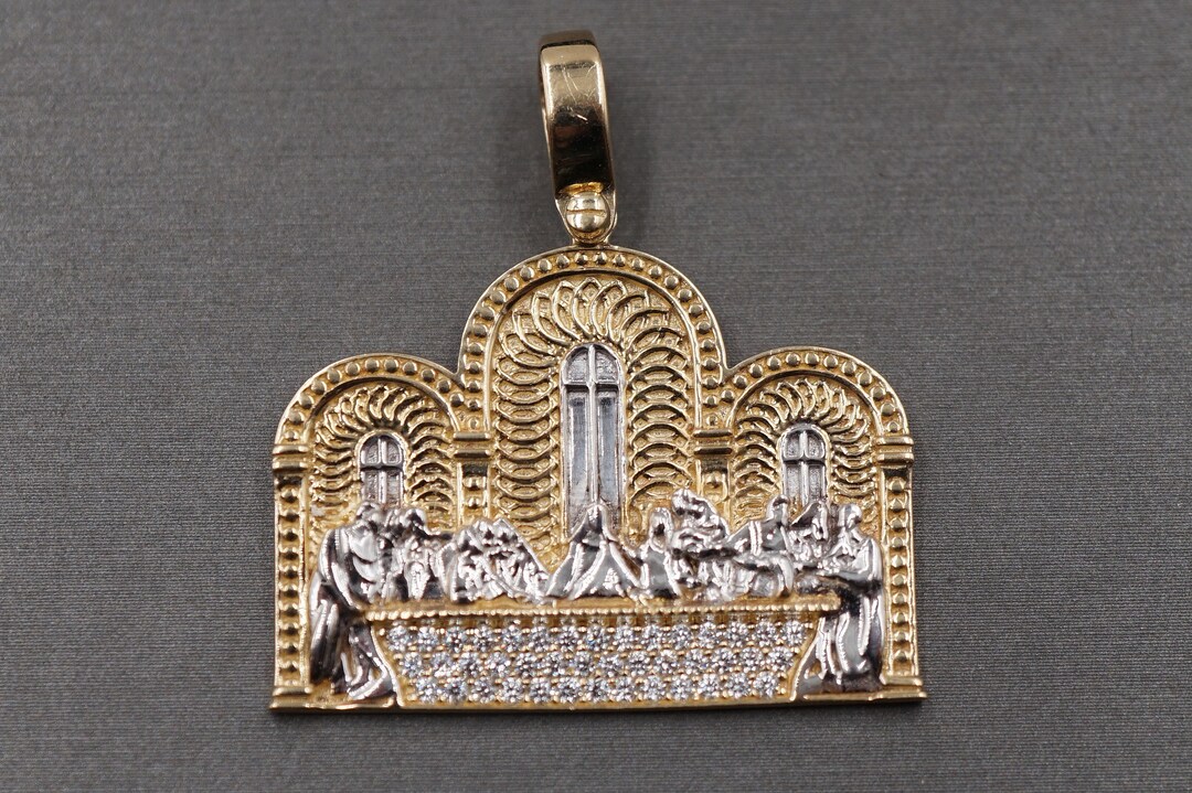10K Solid Yellow Gold 1.35" Two Tone Last Supper CZ Charm Pendant. - Etsy
