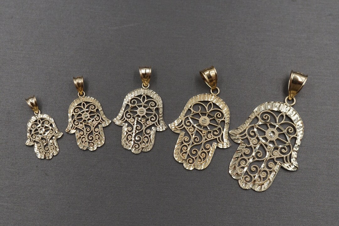 10K Solid Yellow Gold Diamond Cut Fatima Hamsa Hand Charm Pendant. 5 ...