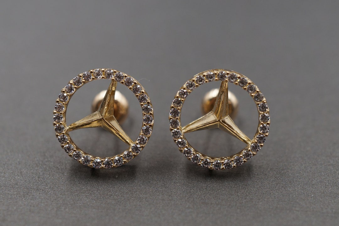 10K Solid Yellow Gold 0.5" Round Mercedes Benz CZ Screw Back Stud ...