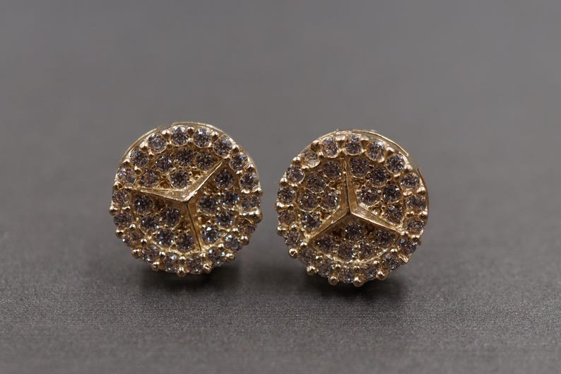 10K Solid Yellow Gold Mercedes Benz Logo Iced CZ Stud Earring. 3 Sizes ...