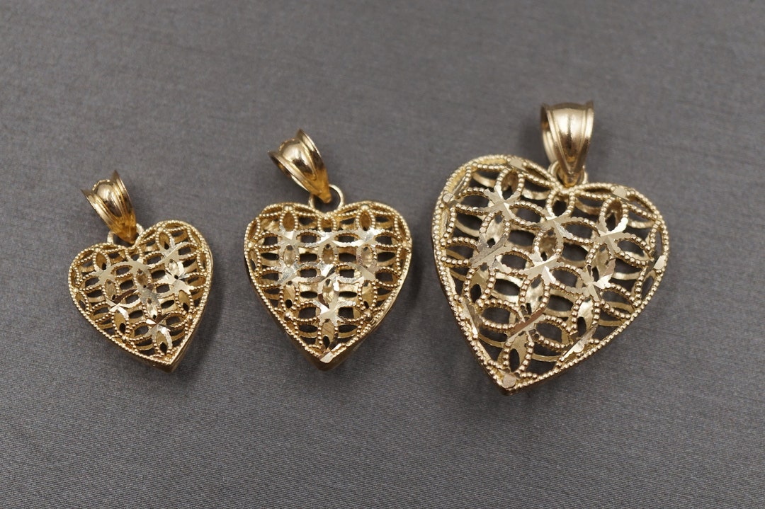 10K Solid Yellow Gold Diamond Cut Filigree Puffed Heart Charm Pendant ...
