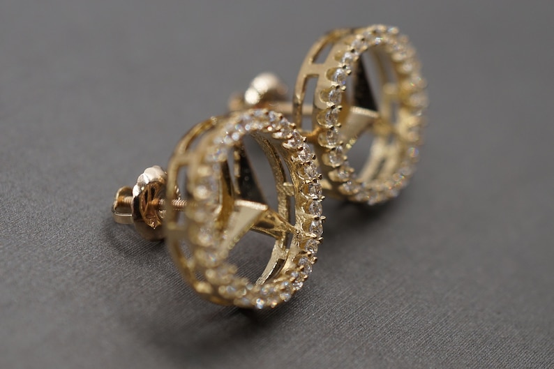 10K Solid Yellow Gold 0.5" Round Mercedes Benz CZ Screw Back Stud ...